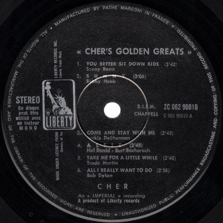 Cher LP Cher's Golden Greats label Liberty France 1967