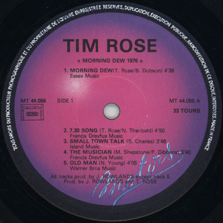 Tim Rose LP Morning Dew 1976 label Les Disques Motors # MT 44056 ...
