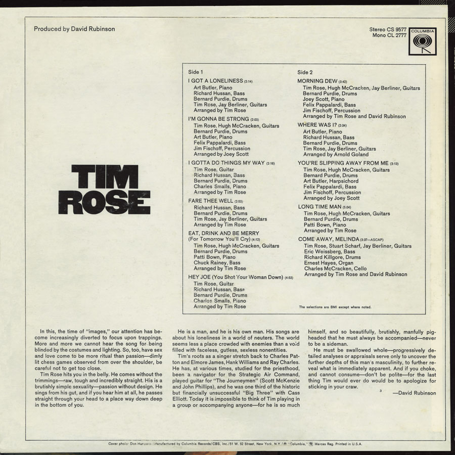 Tim Rose LP Same label Columbia # CS 9577 stereo , USA, 1967